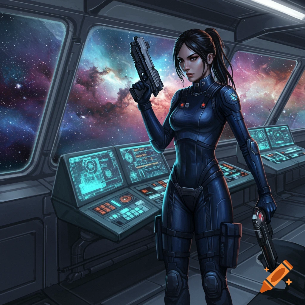 Female space captain in blue suit holding a pistol in a spaceship ...