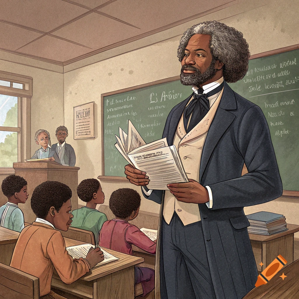 Frederick Douglass-like figure teaching students in a historical ...