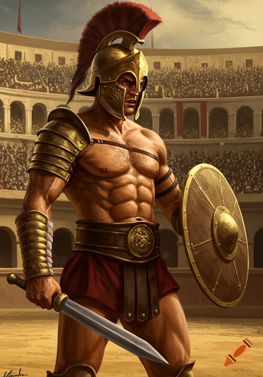 A muscular gladiator in golden armor stands in a crowded arena, holding ...
