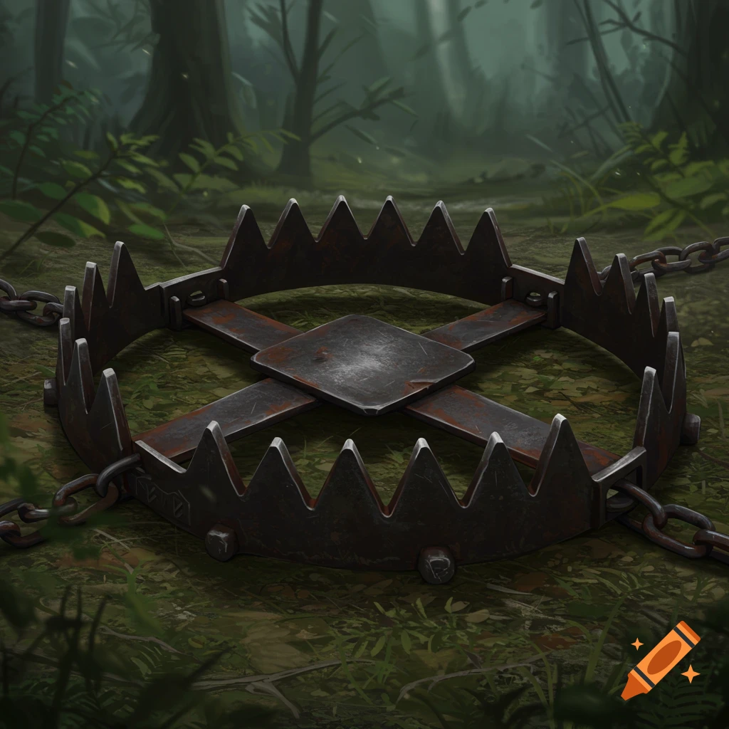 A metal bear trap lies on the forest floor in the woods. on Craiyon