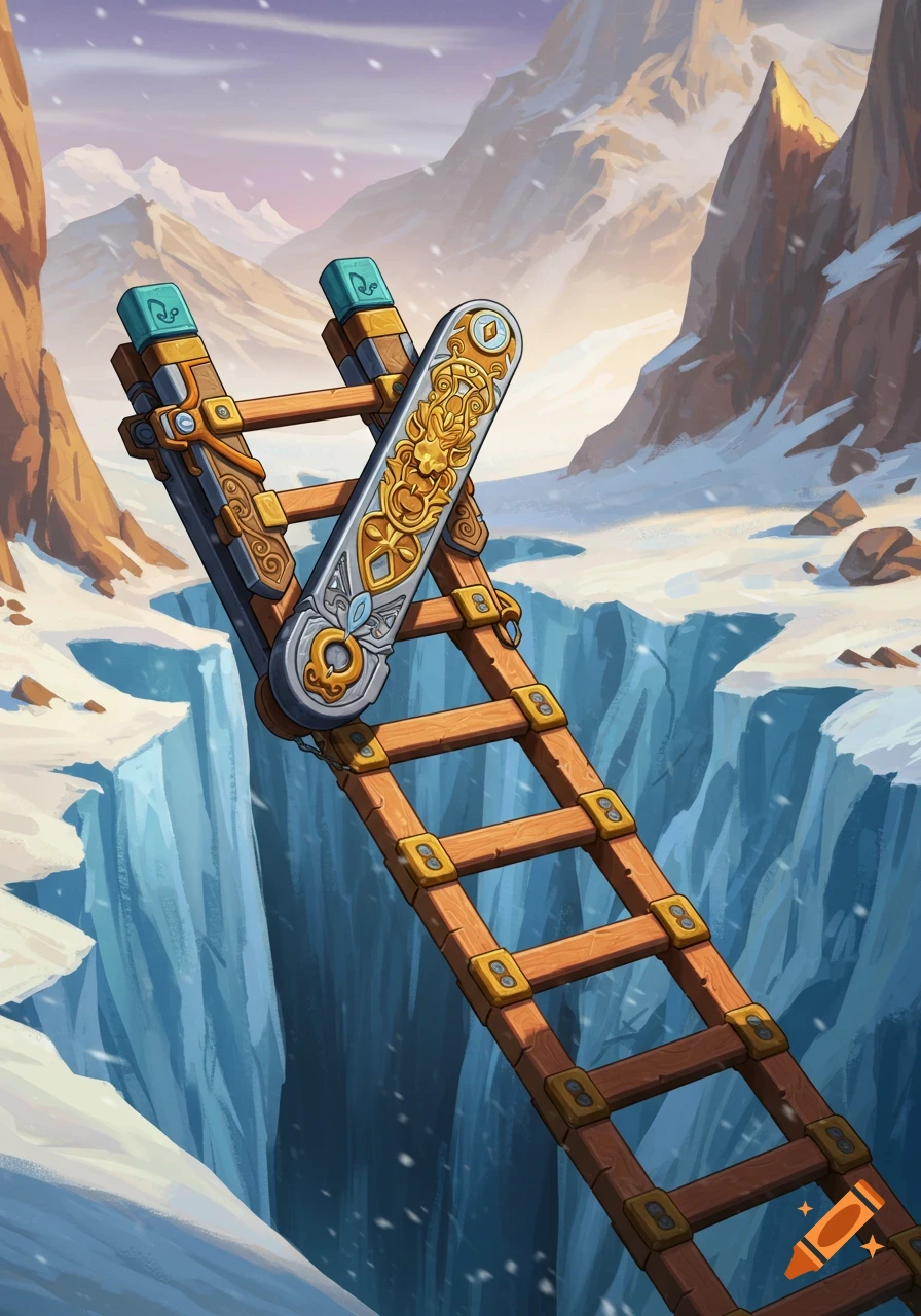 A decorated wooden and metal ladder bridges a deep crevasse in a snowy ...
