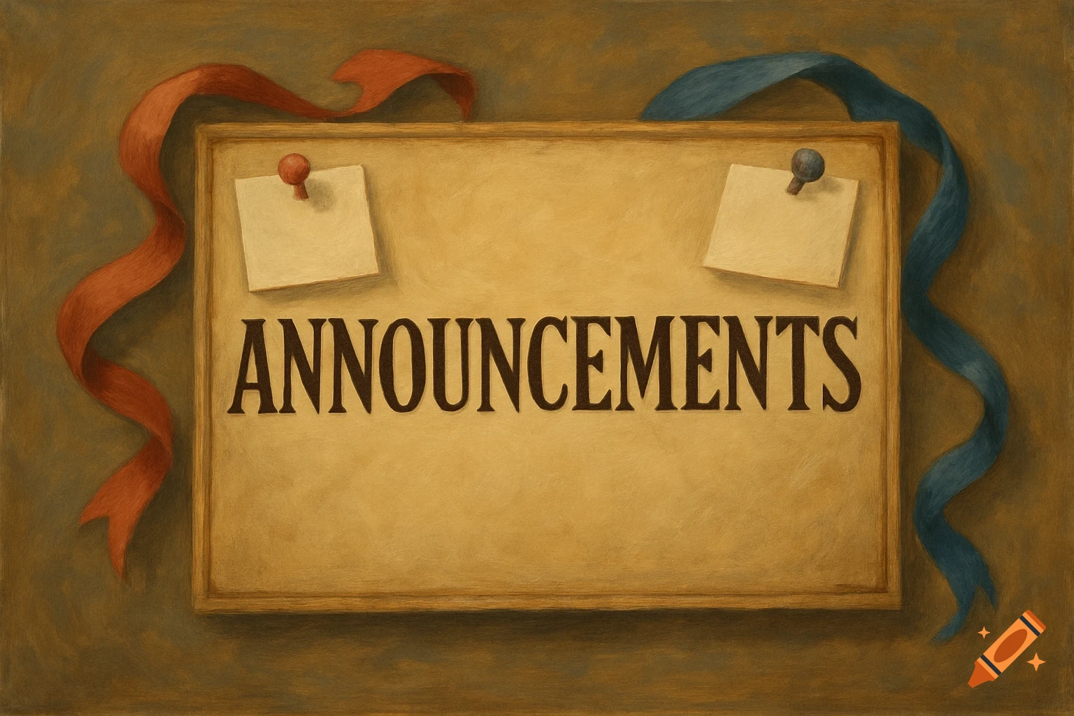 A bulletin board with the word "ANNOUNCEMENTS" in dark text, pinned ...