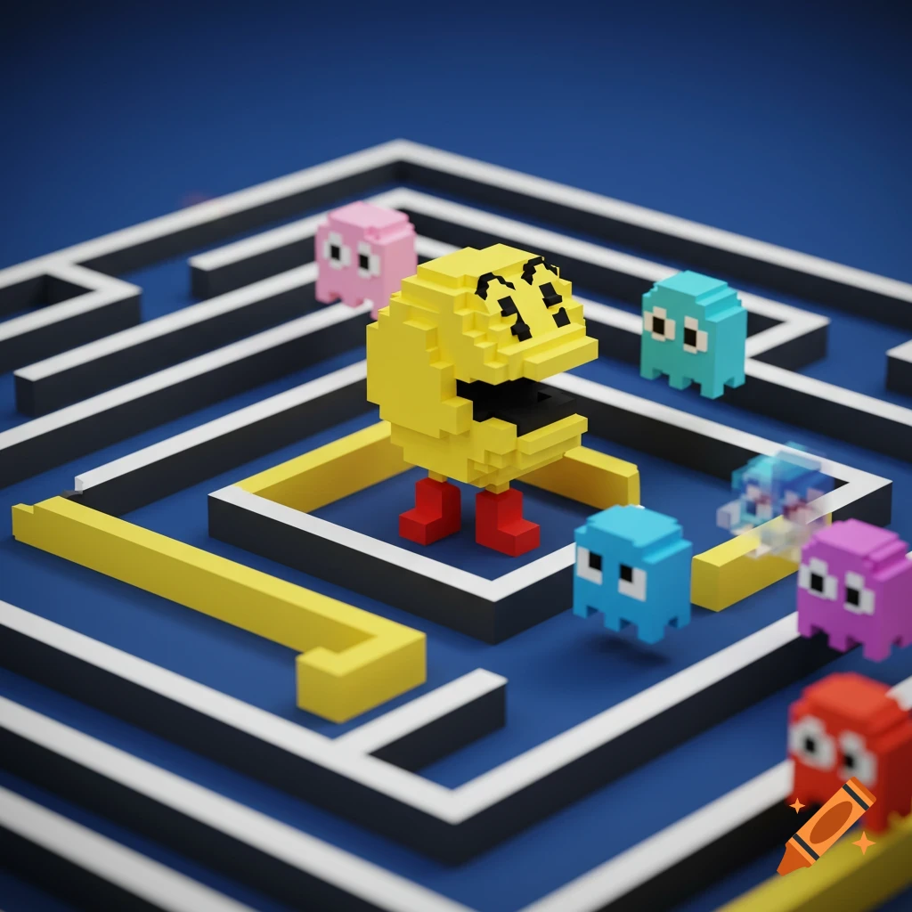 Voxel art rendering of Pac-Man with feet navigating a maze with ghosts ...