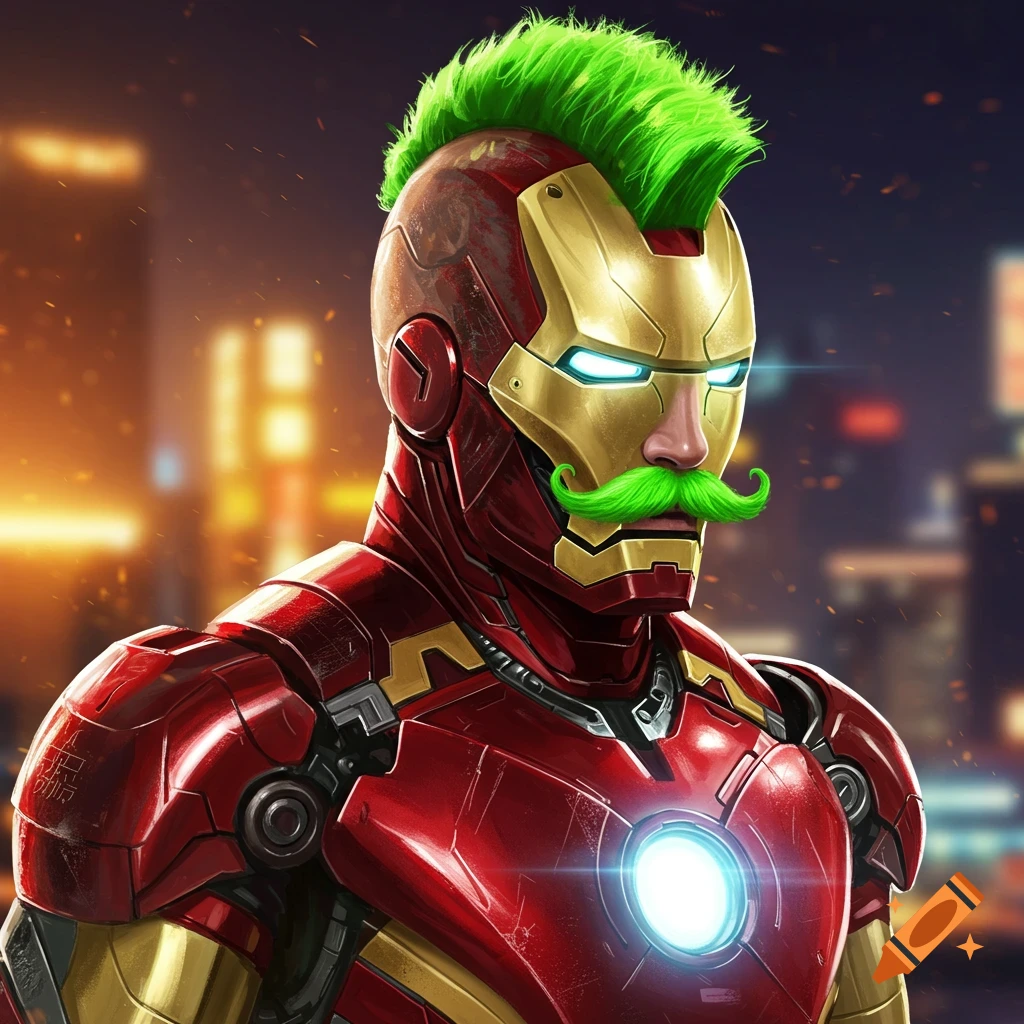 Iron Man with a neon green mohawk and mustache against a city backdrop ...
