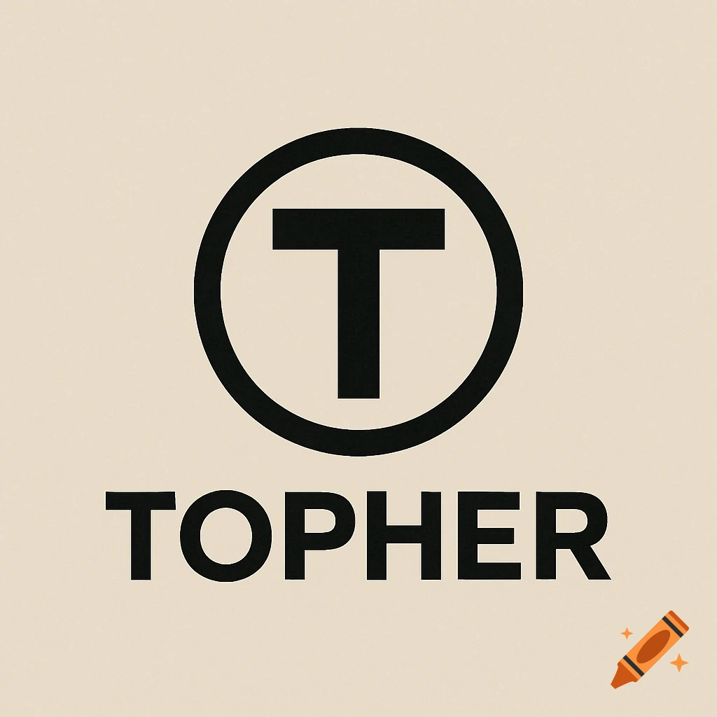 Logo with black T in a circle above the name TOPHER on a beige ...