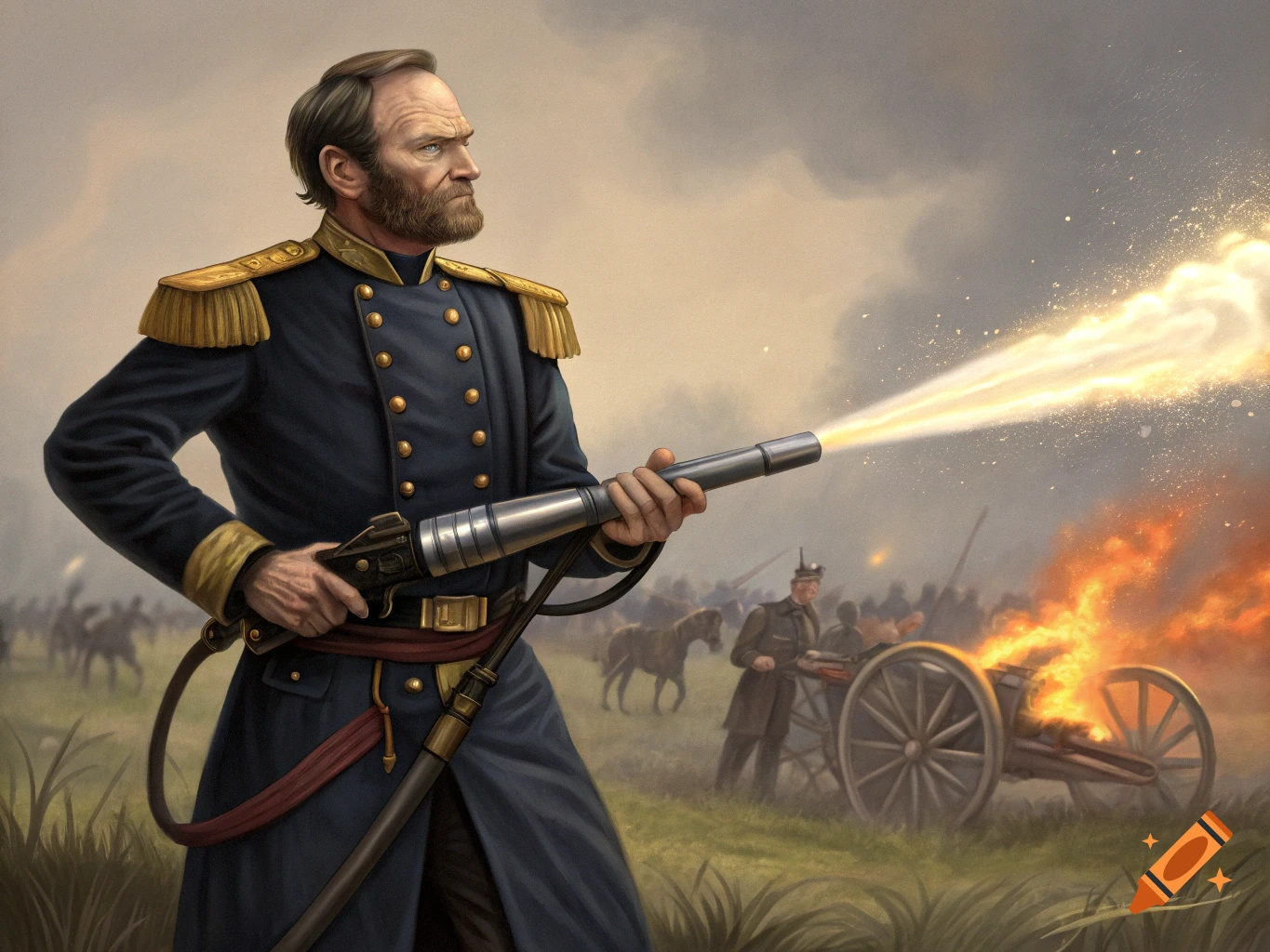 General Sherman in Civil War uniform holding a flamethrower in a battle ...