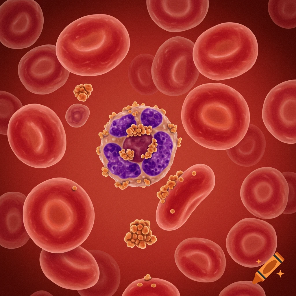 Microscopic view of red blood cells, a white blood cell, and platelets in a blood sample. on Craiyon