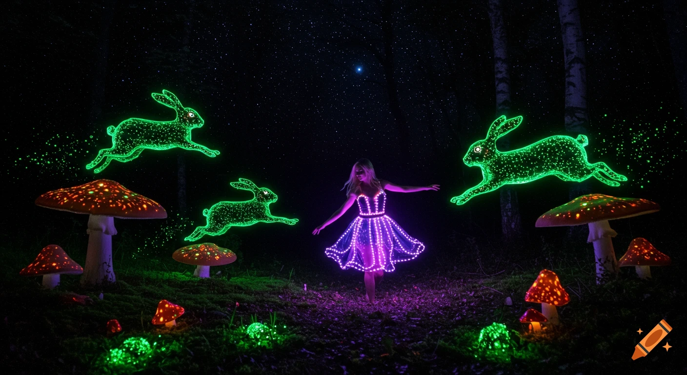 A woman in a glowing purple dress dances with glowing green rabbits ...