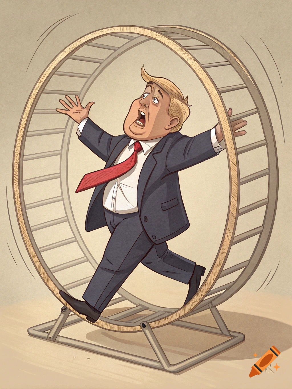 Cartoon of Donald Trump in a suit running on a hamster wheel with ...