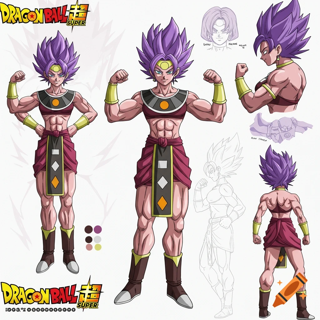 Anime model sheet of a muscular female Dragon Ball Super character with ...