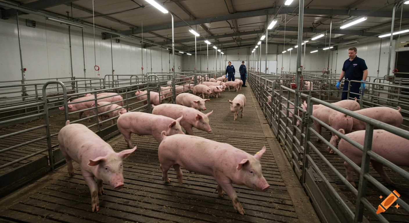 Pigs in pens in a barn with staff members walking nearby. on Craiyon