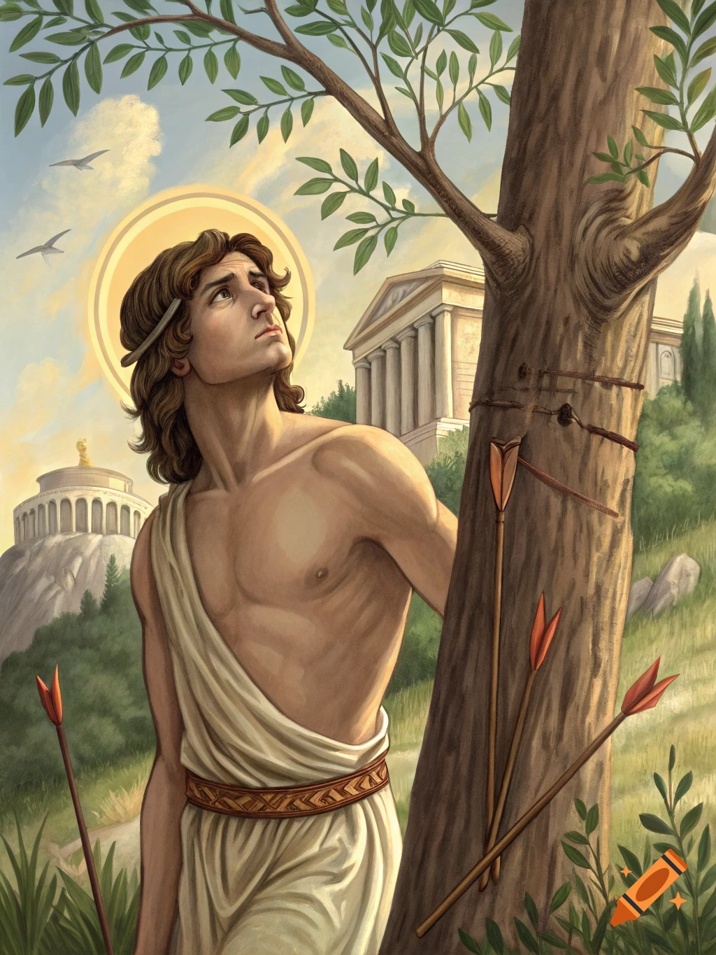 Painting of Saint Sebastian tied to a tree with arrows, looking up ...