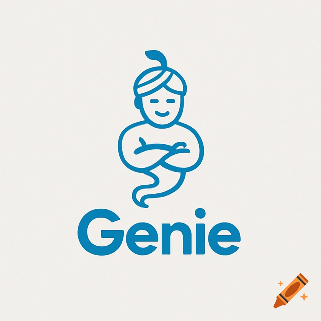 Simple blue line art logo of a genie figure above the text 'Genie'. on ...