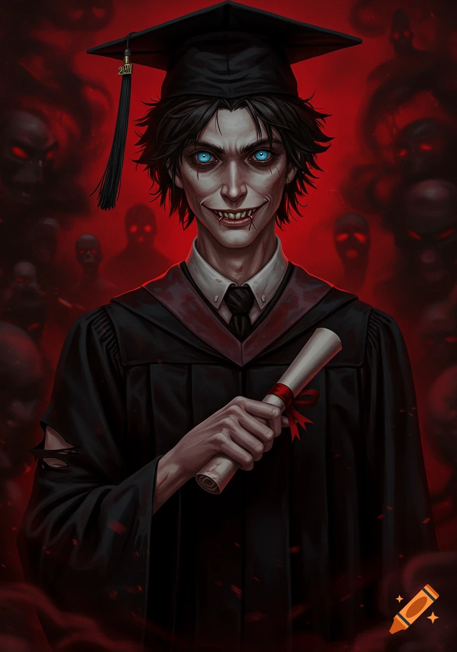 A sinister graduate with blue eyes and sharp teeth holds a diploma ...