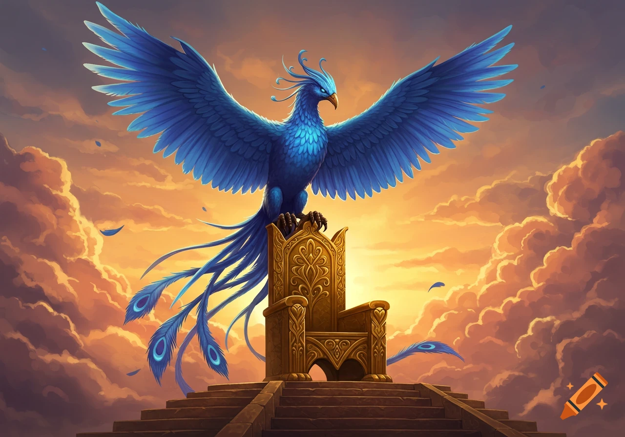 Blue phoenix perched on a golden throne against a cloudy sunset sky. on ...