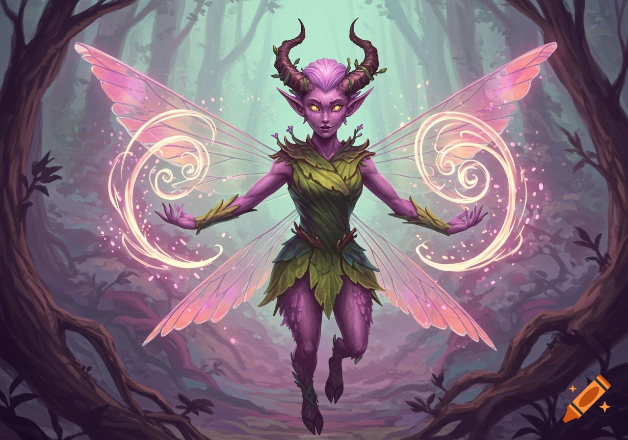 A purple-skinned fey creature with horns and leaf clothing stands in a ...