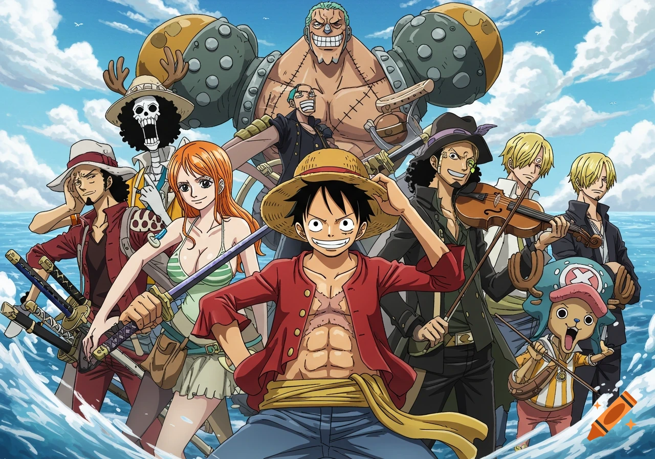 Straw Hat crew characters from One Piece standing on waves, anime style ...