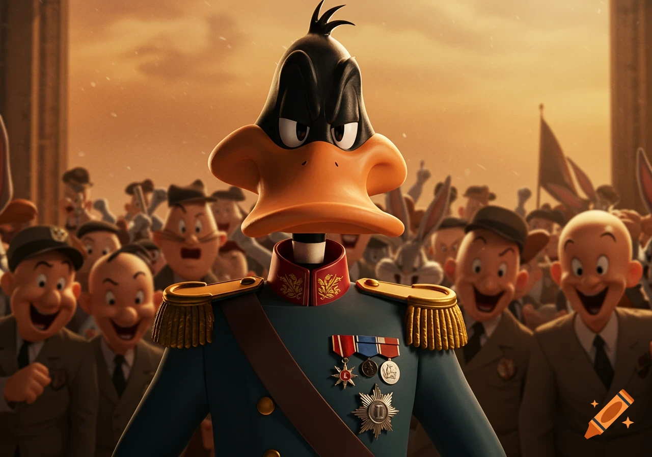 Daffy Duck in a military uniform stands in front of a crowd of other ...