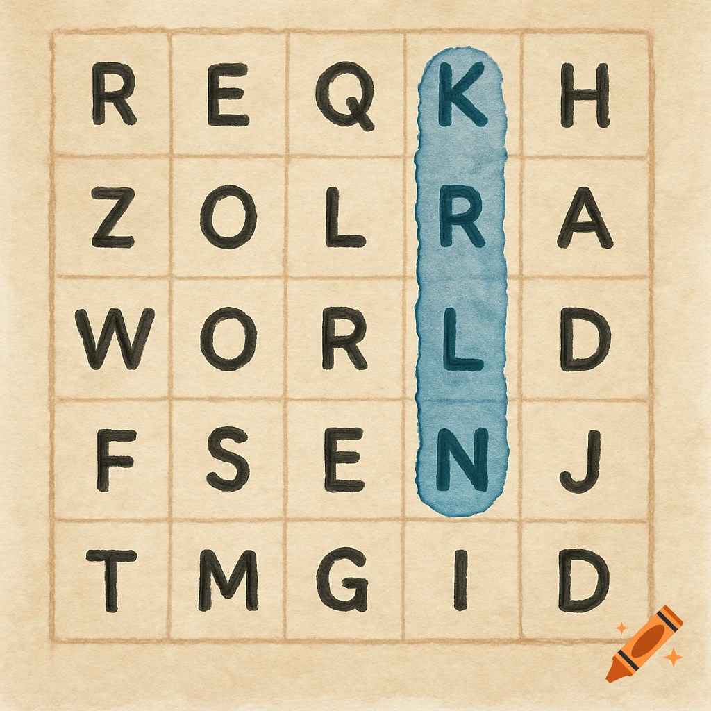 A watercolor-style word search puzzle grid with letters and a blue ...