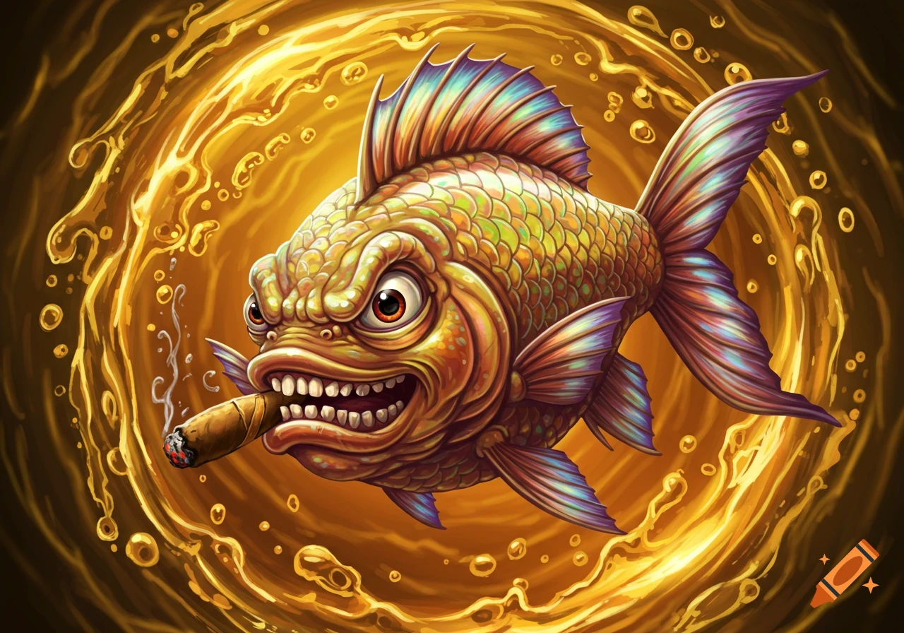 Angry cartoon fish smoking a cigar in swirling yellow liquid ...