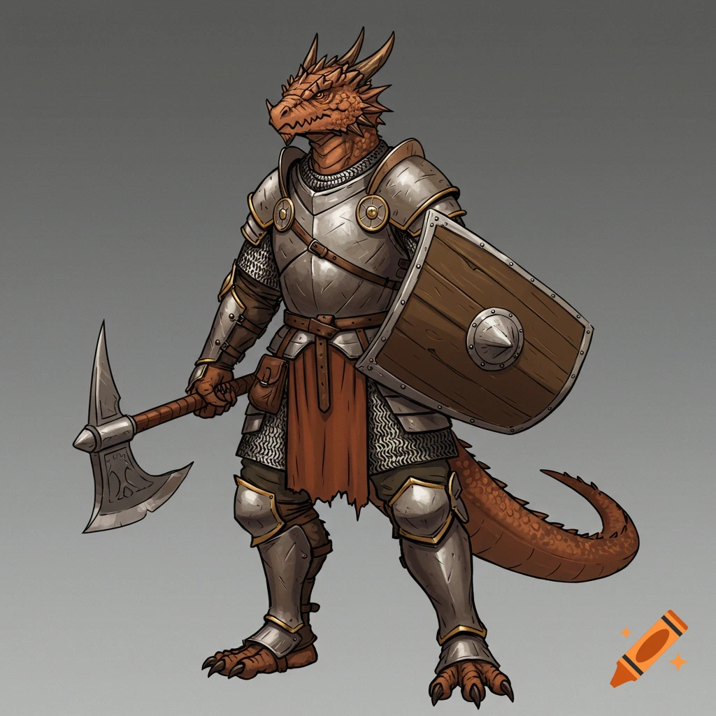An illustration of a bronze scaled dragonborn paladin in chainmail and ...