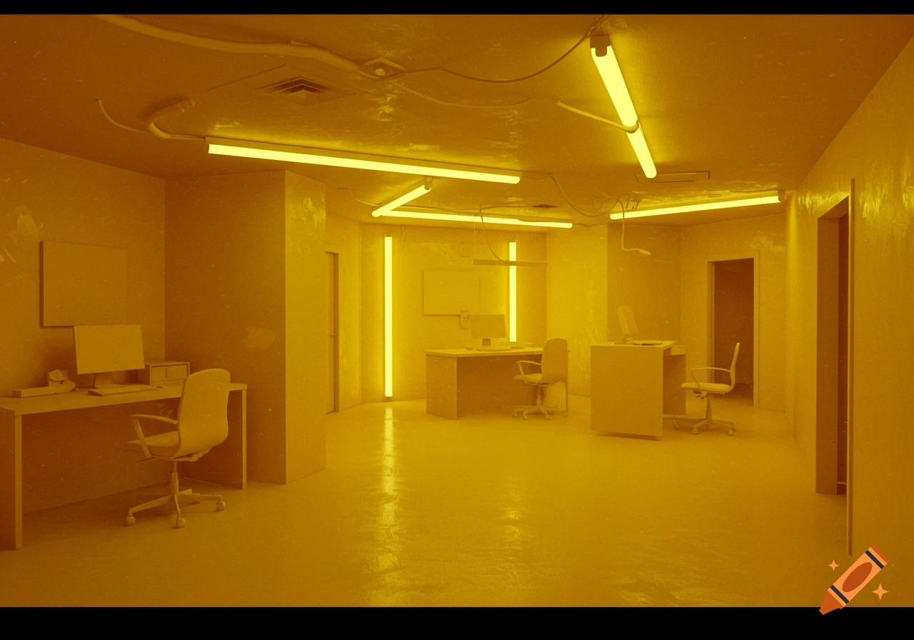 An empty office interior saturated in yellow light, desks and chairs ...