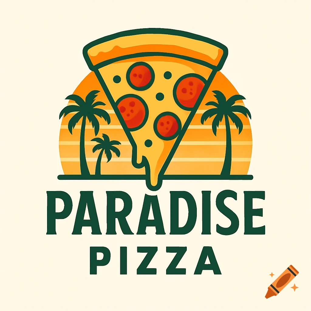 Logo for Paradise Pizza featuring a pizza slice, palm trees, and sunset ...