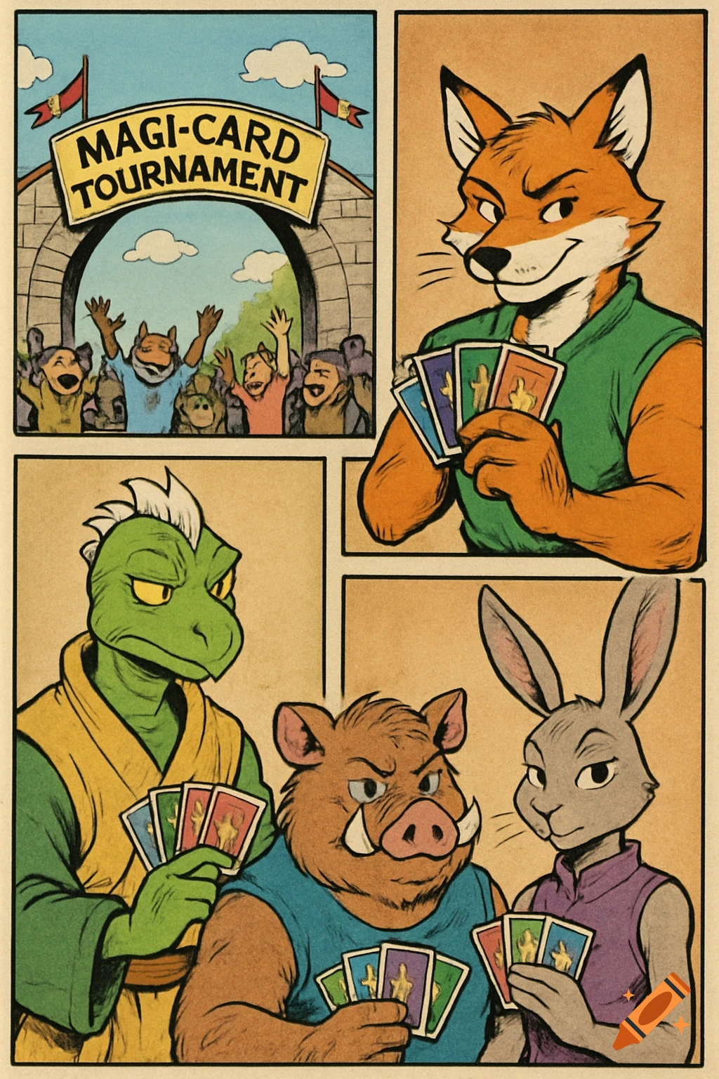 Comic panel of anthropomorphic animals playing cards in a tournament ...
