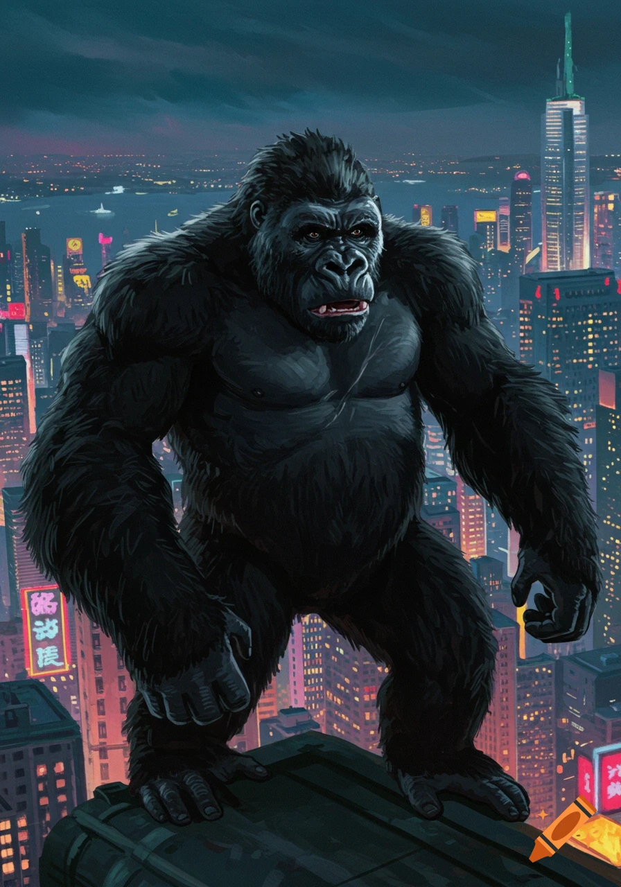 Giant gorilla stands on city rooftop overlooking skyscrapers at night ...