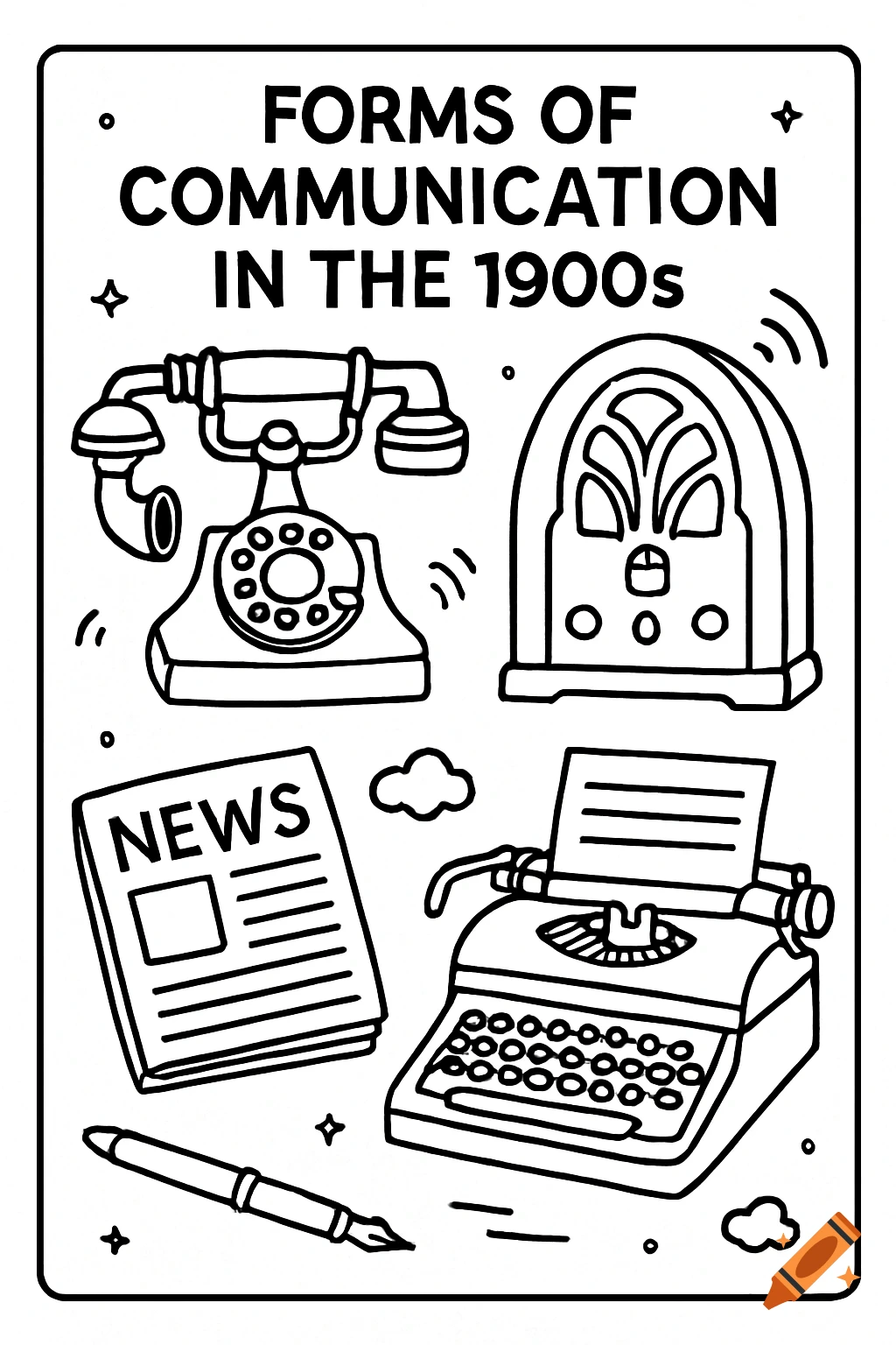 Black and white line drawing of 1900s communication methods: telephone ...