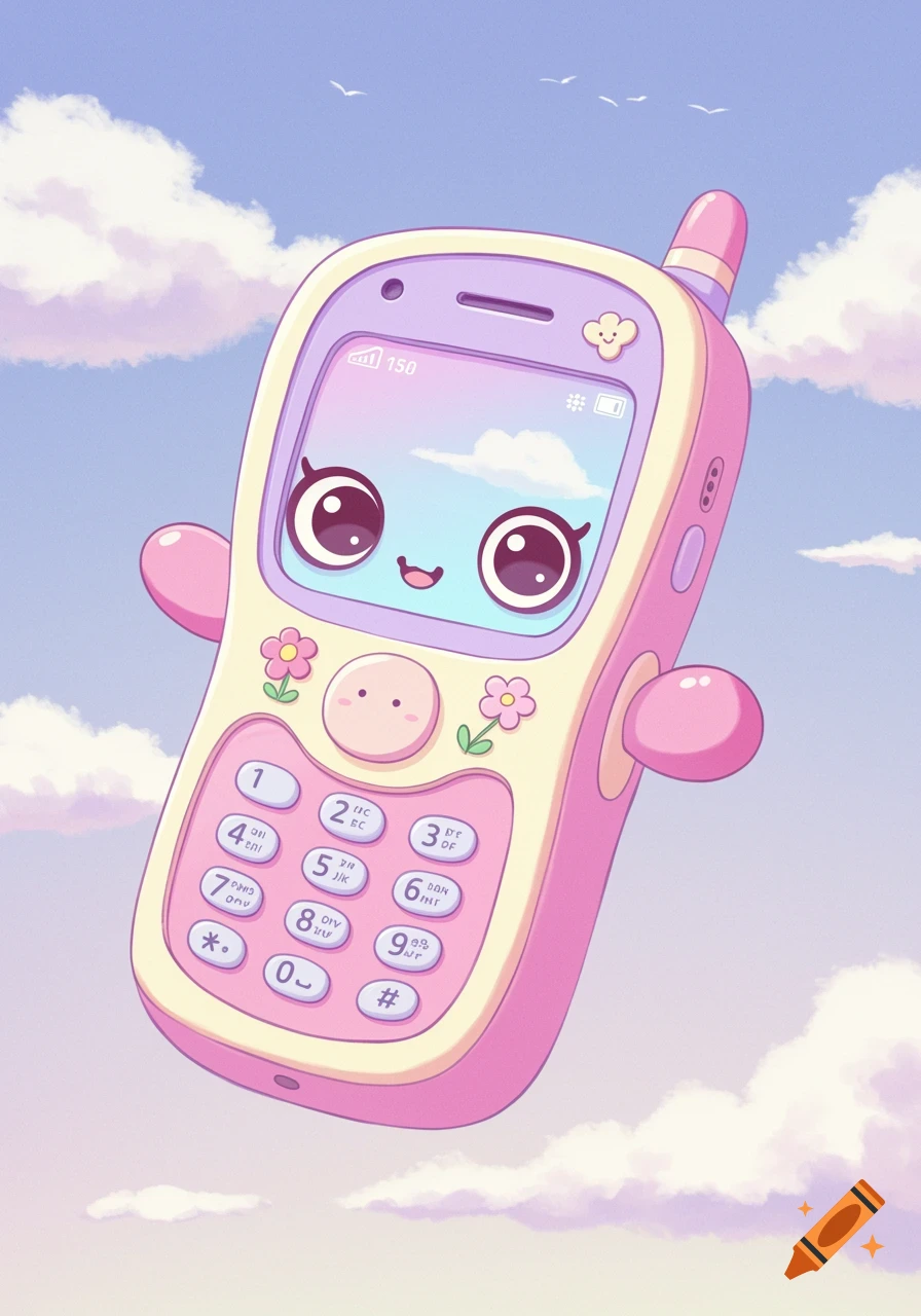 A cute, pink and yellow cartoon retro cell phone with a face floats in ...