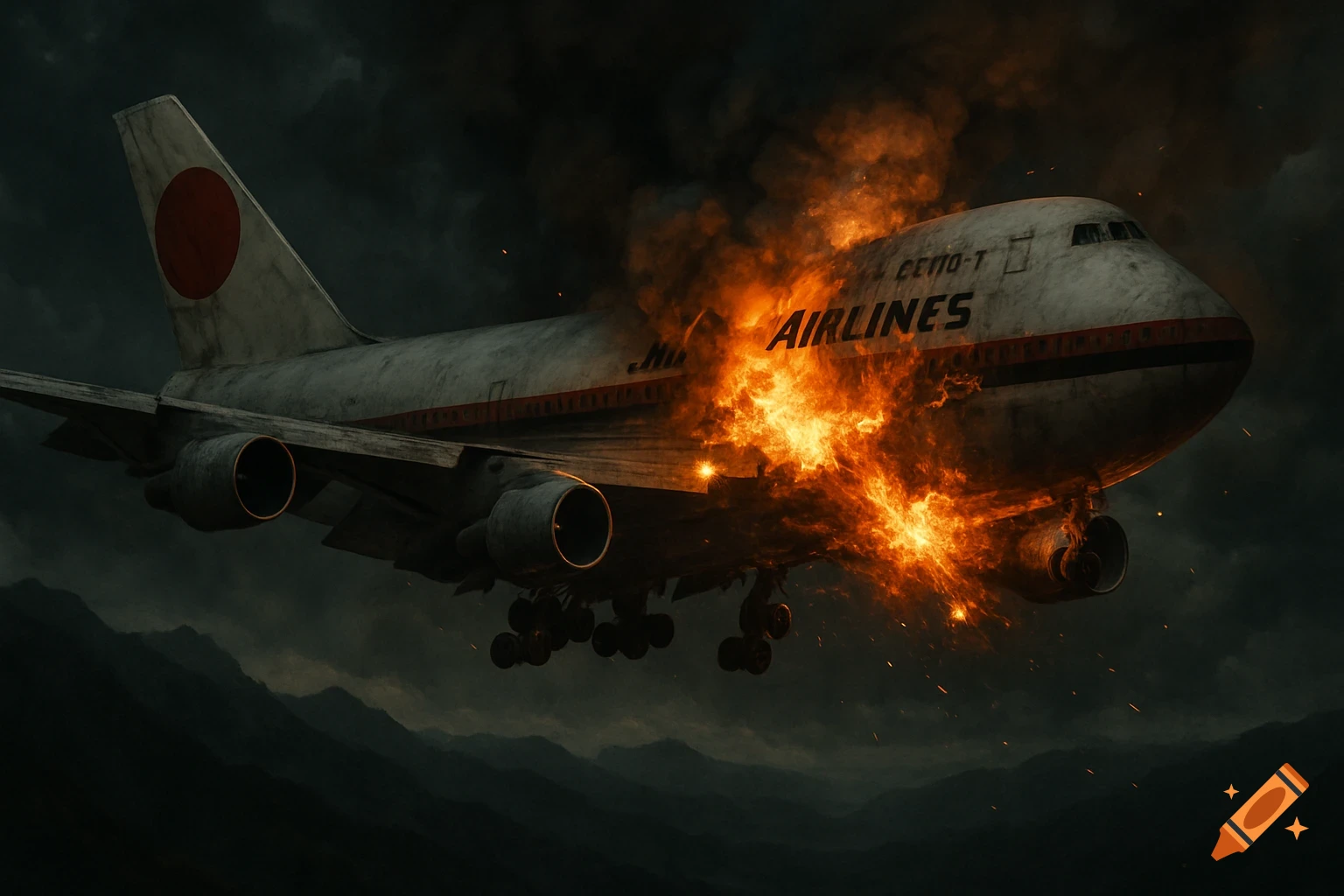 Burning airplane flying through dark, cloudy sky over mountains on Craiyon