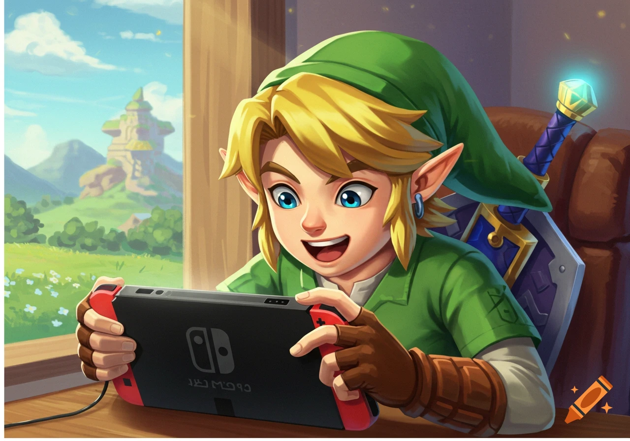 Link playing a Nintendo Switch game with a happy expression, in a ...
