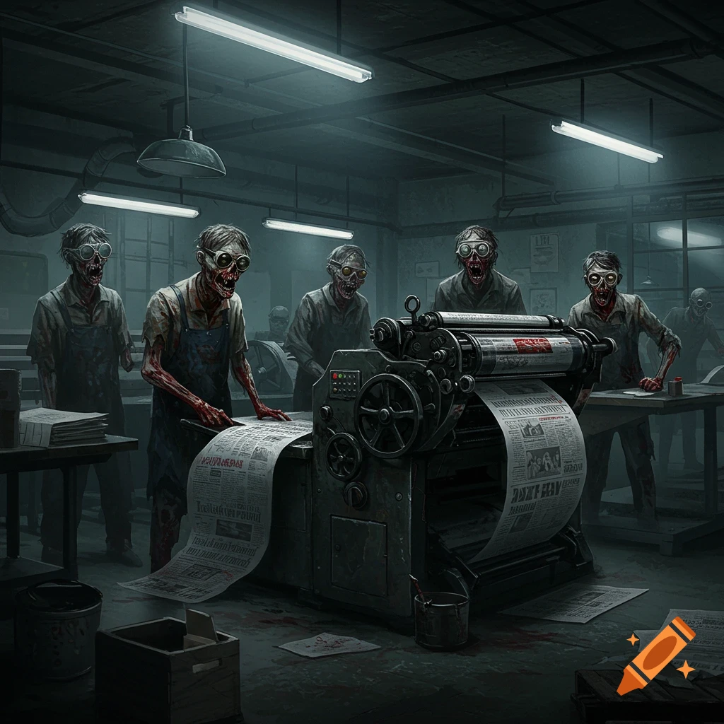 Zombies work at a printing press in a dimly lit, industrial room. on ...