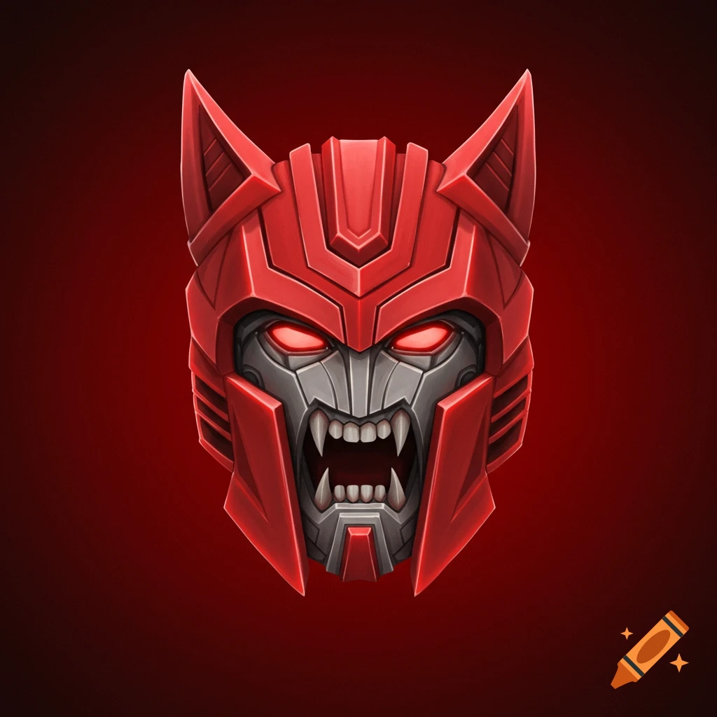 A red robot head insignia with cat ears, sharp teeth, and glowing red ...