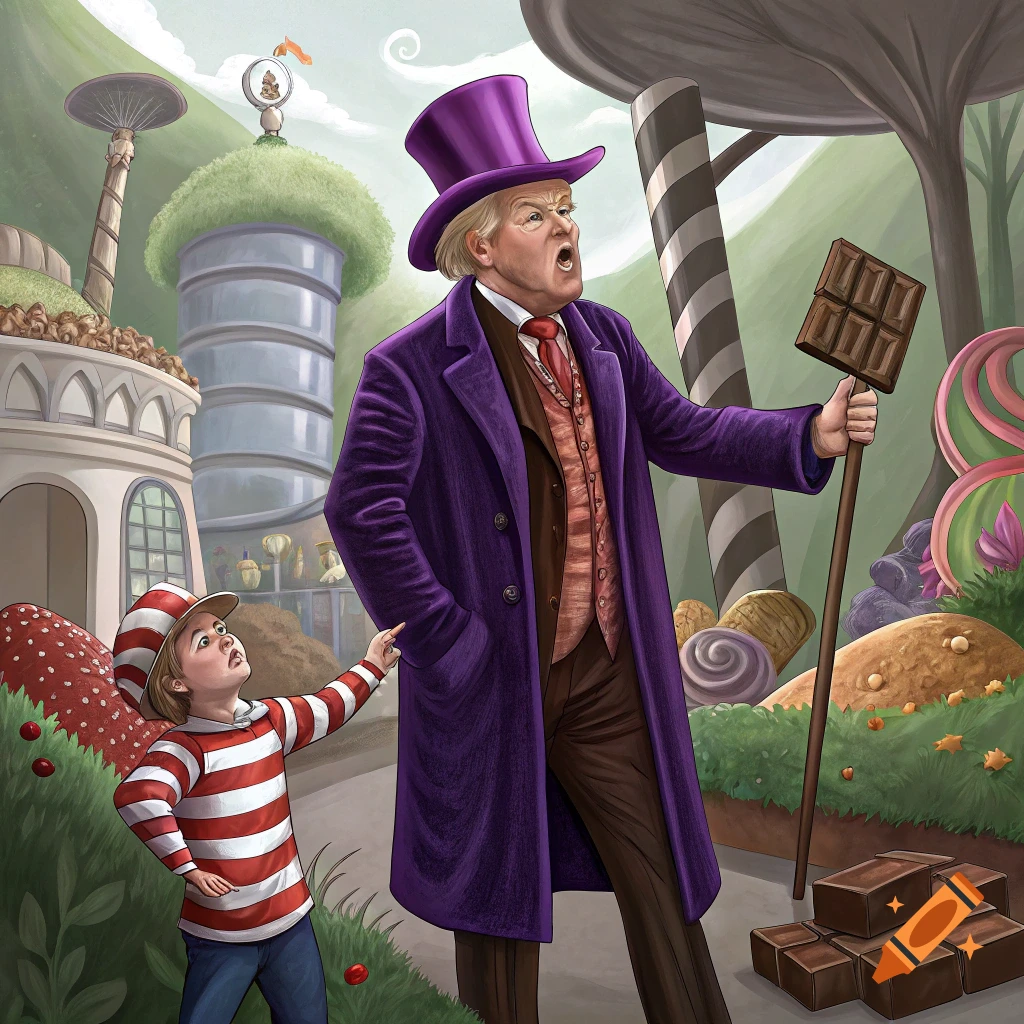 Illustration of a man dressed as Willy Wonka holding a chocolate bar in ...