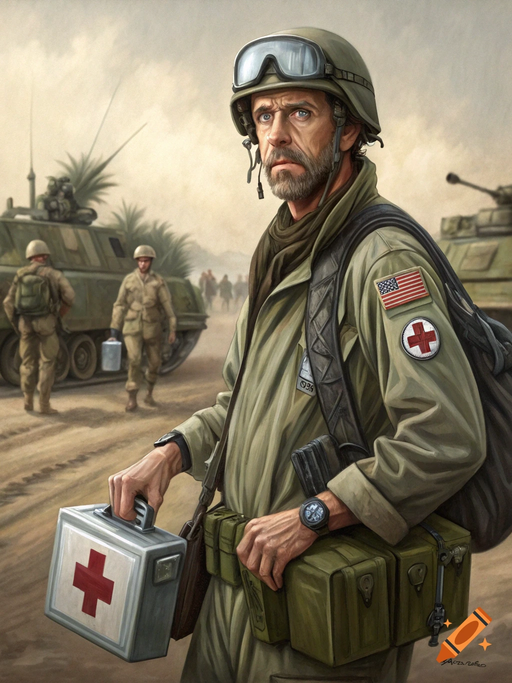 A painted portrait of a military medic in a desert carrying a medical ...