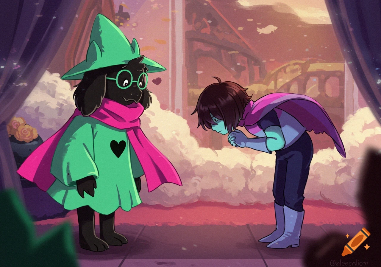 Ralsei from Deltarune stands with a heart on his robe as Kris bows ...