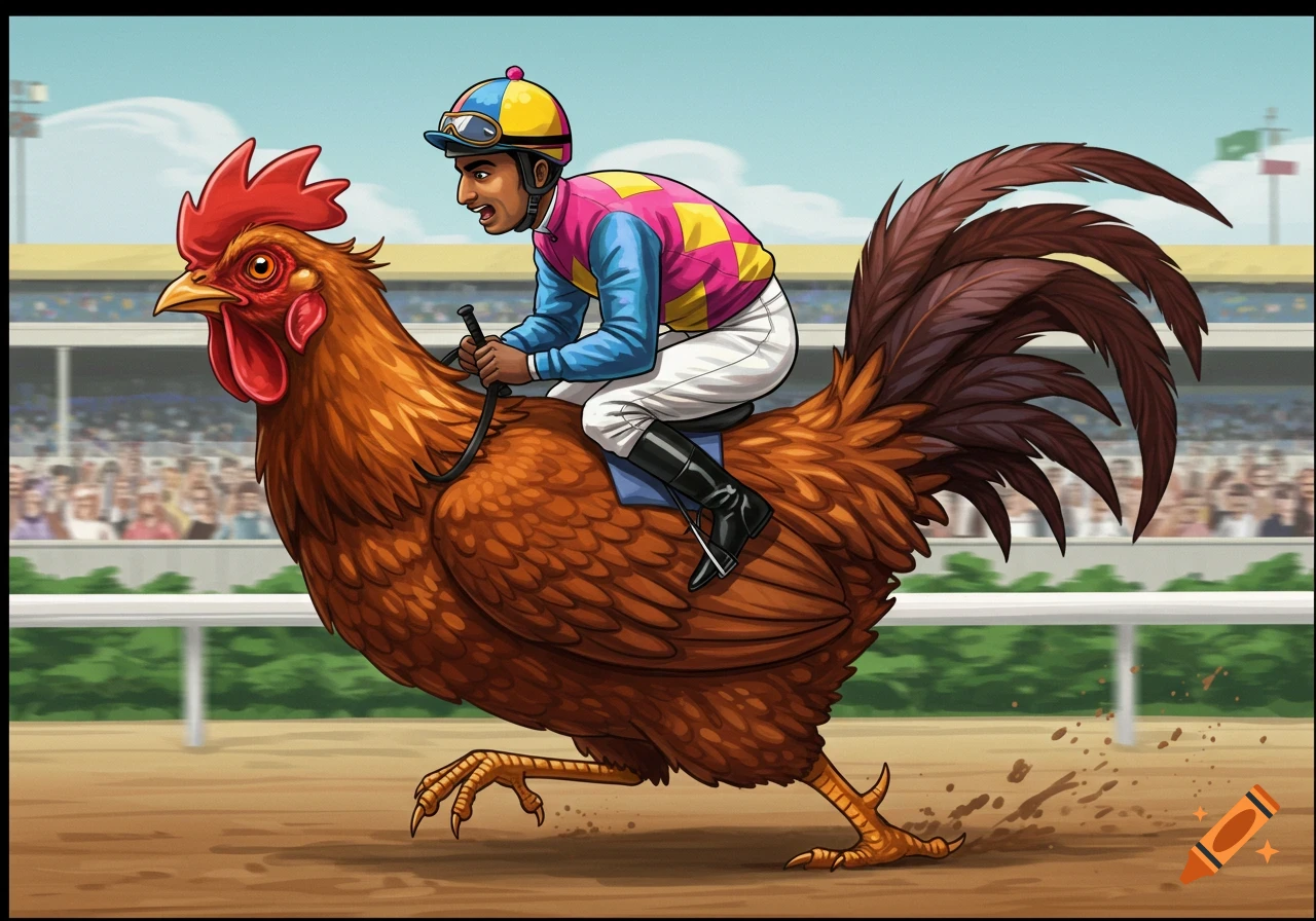 Cartoon illustration of a jockey riding a large brown chicken on a race ...