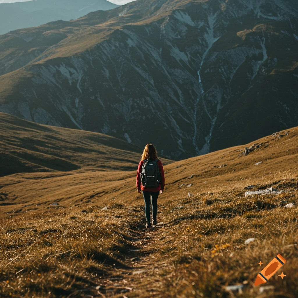 Person hiking a trail through a vast mountainous landscape on Craiyon