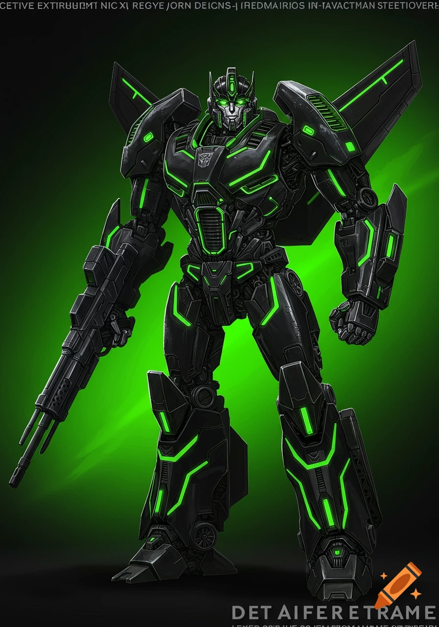 A black robot with glowing green accents stands with a sniper rifle ...