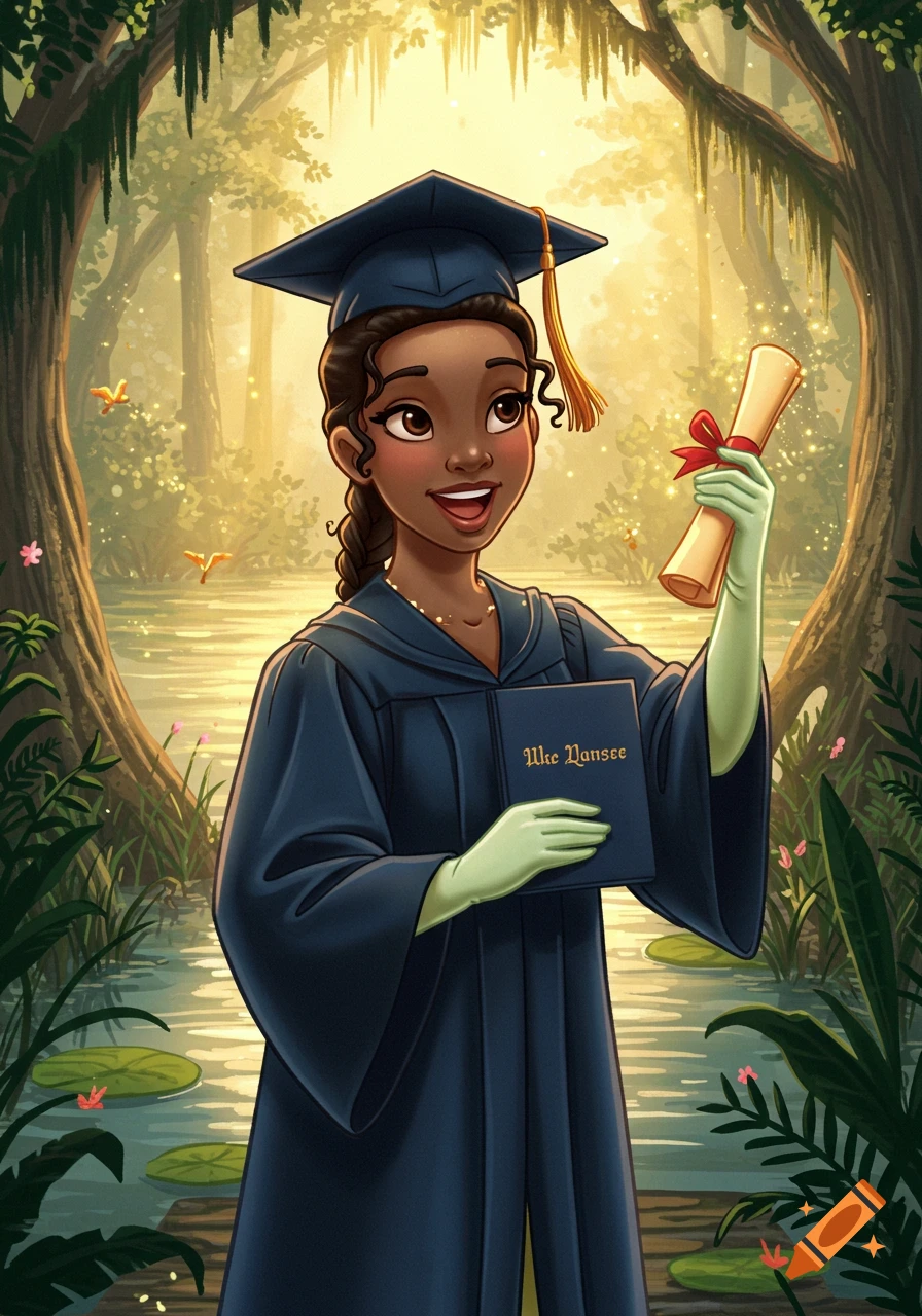Cartoon character resembling Princess Tiana in a graduation cap and ...