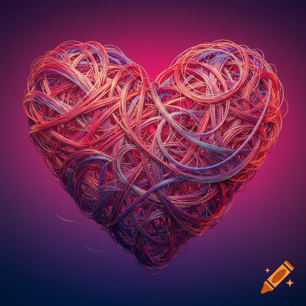 Heart shape formed by a tangled mass of colorful wires on a gradient ...
