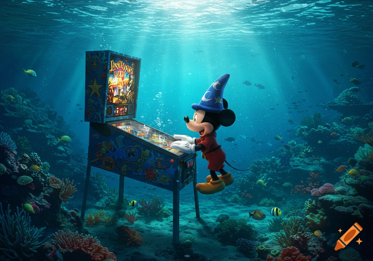 Mickey Mouse in a wizard hat plays a pinball machine underwater amidst ...