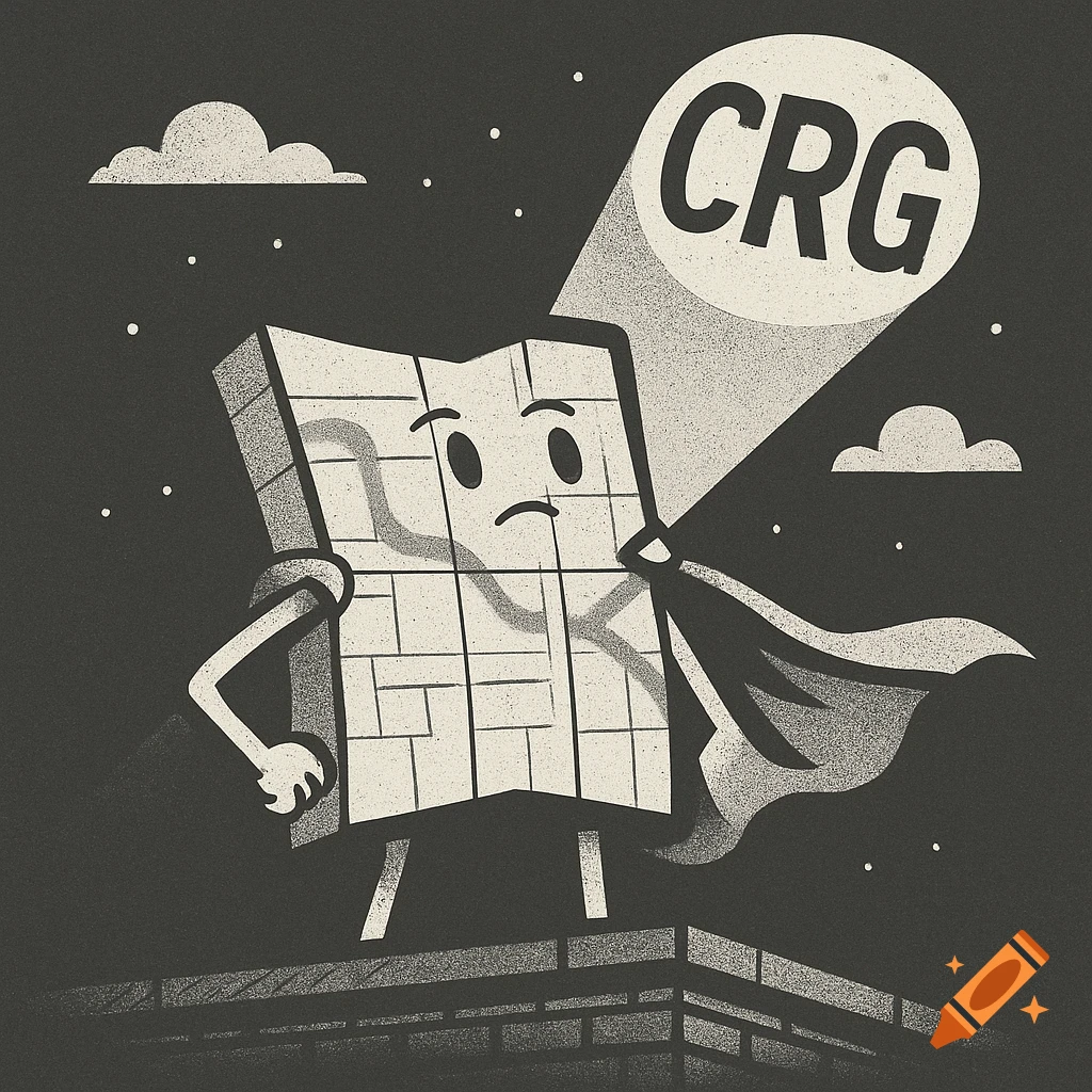 A cartoon map superhero in a cape stands on a building, looking at a ...