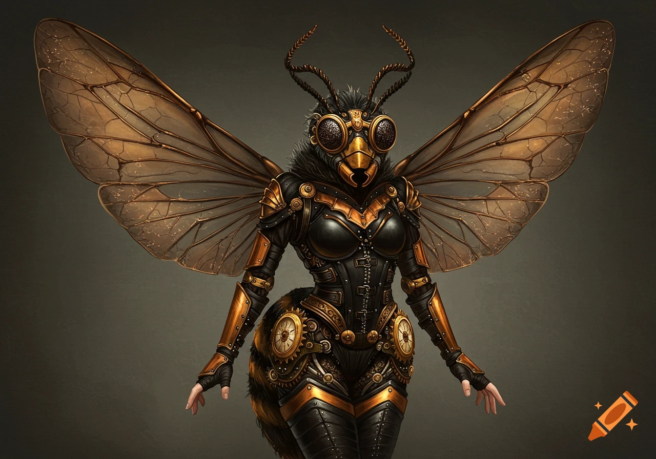 A figure in steampunk bee armor with large translucent wings stands ...