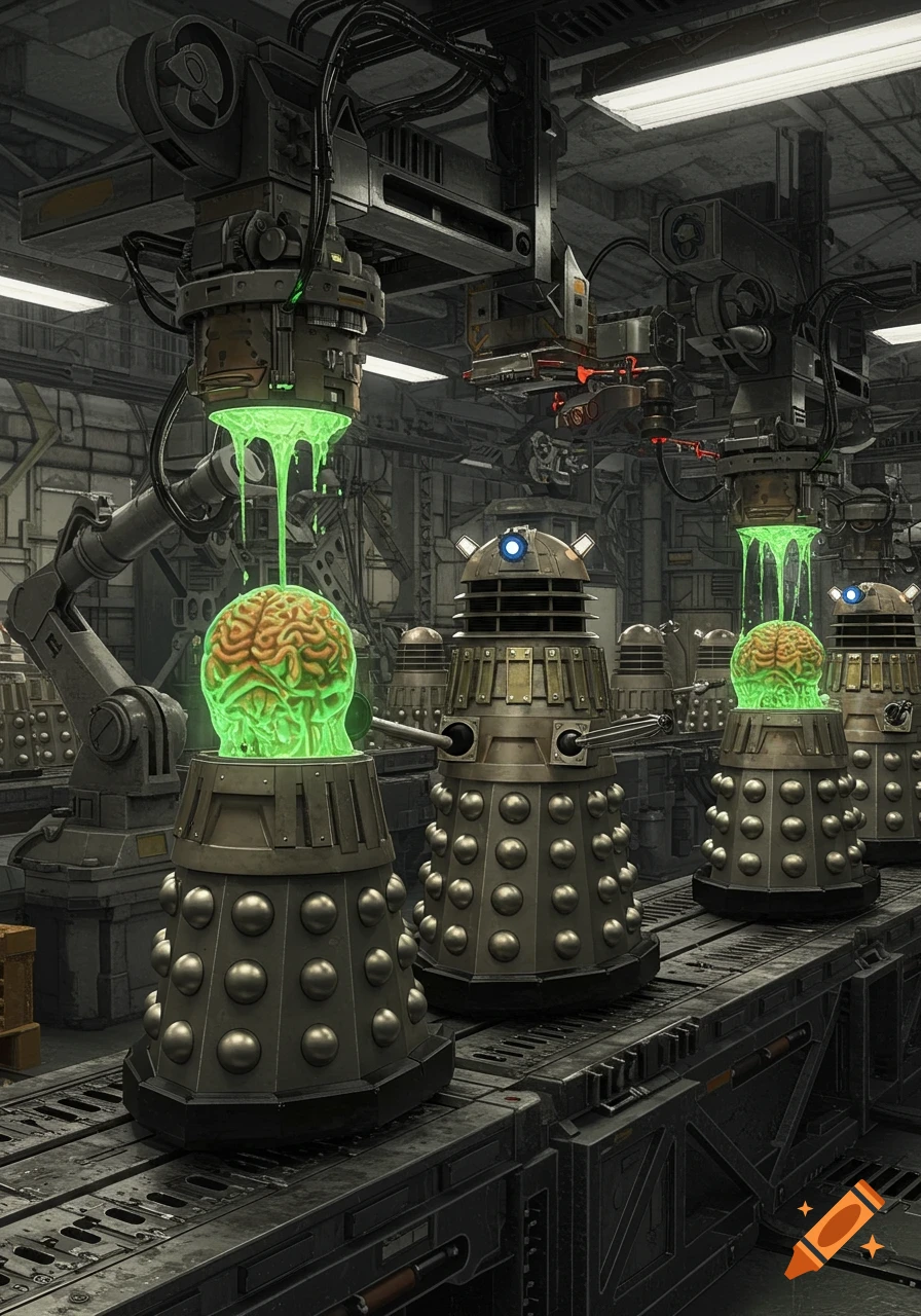 Photorealistic sci-fi factory scene showing Daleks on a production line ...