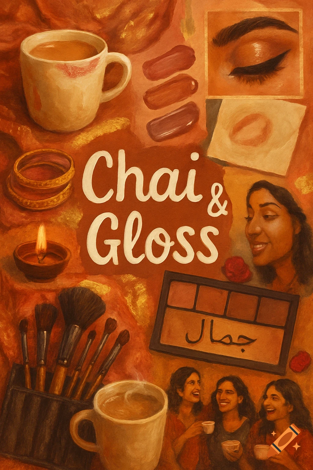 Textured mood board poster for 'Chai & Gloss' featuring makeup, chai ...