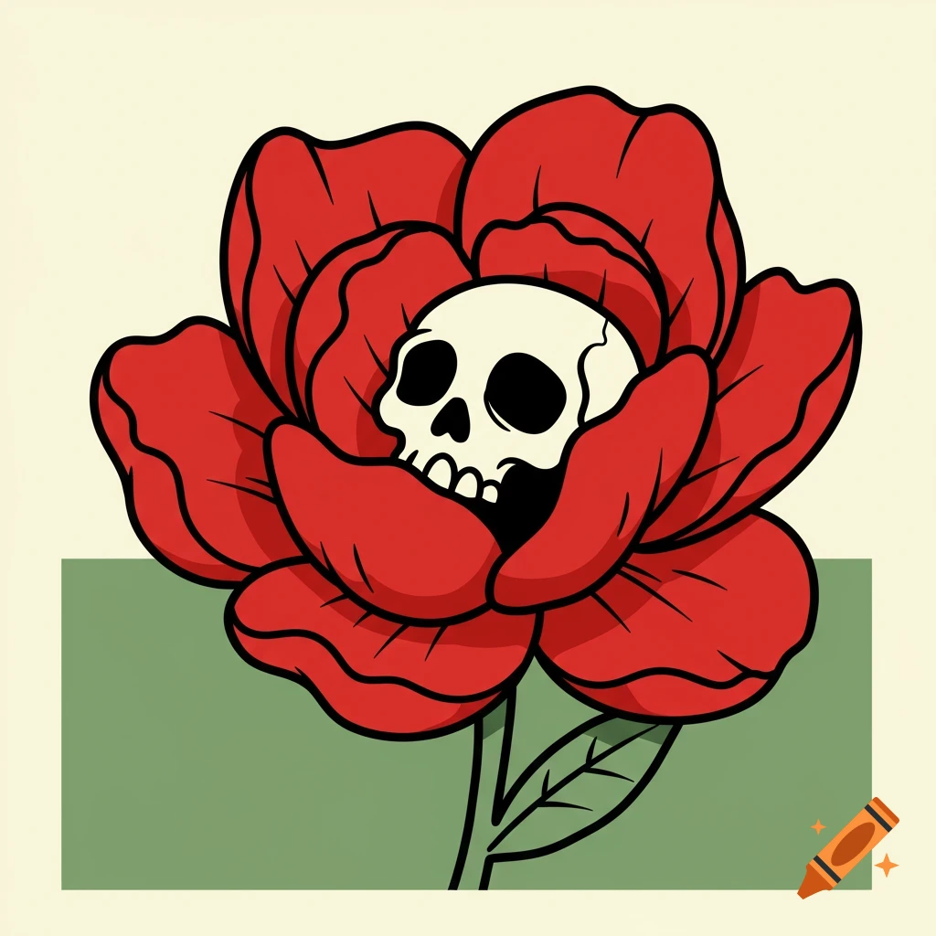 Cartoon skull inside a red flower on Craiyon