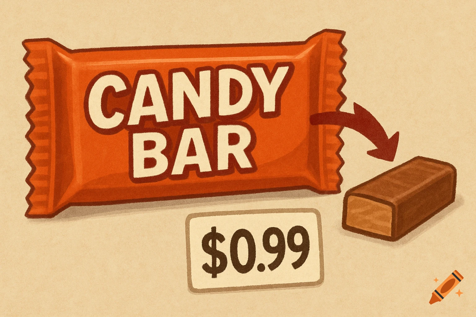 Illustration of a candy bar, wrapper, price tag, and arrow. on Craiyon